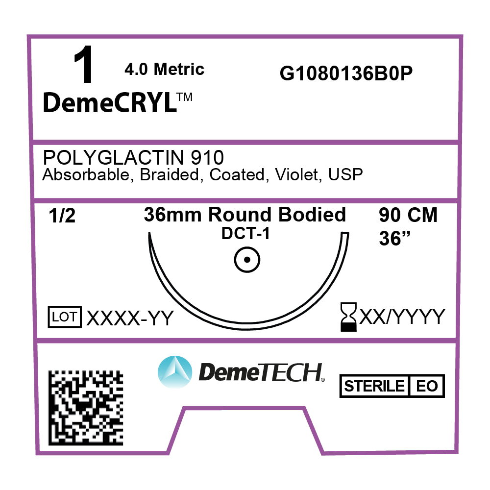 DemeCRYL, Polyglactin 910 Suture, Synthetic Absorbable, DCT-1, 36mm, 1 – DemeTECH Store