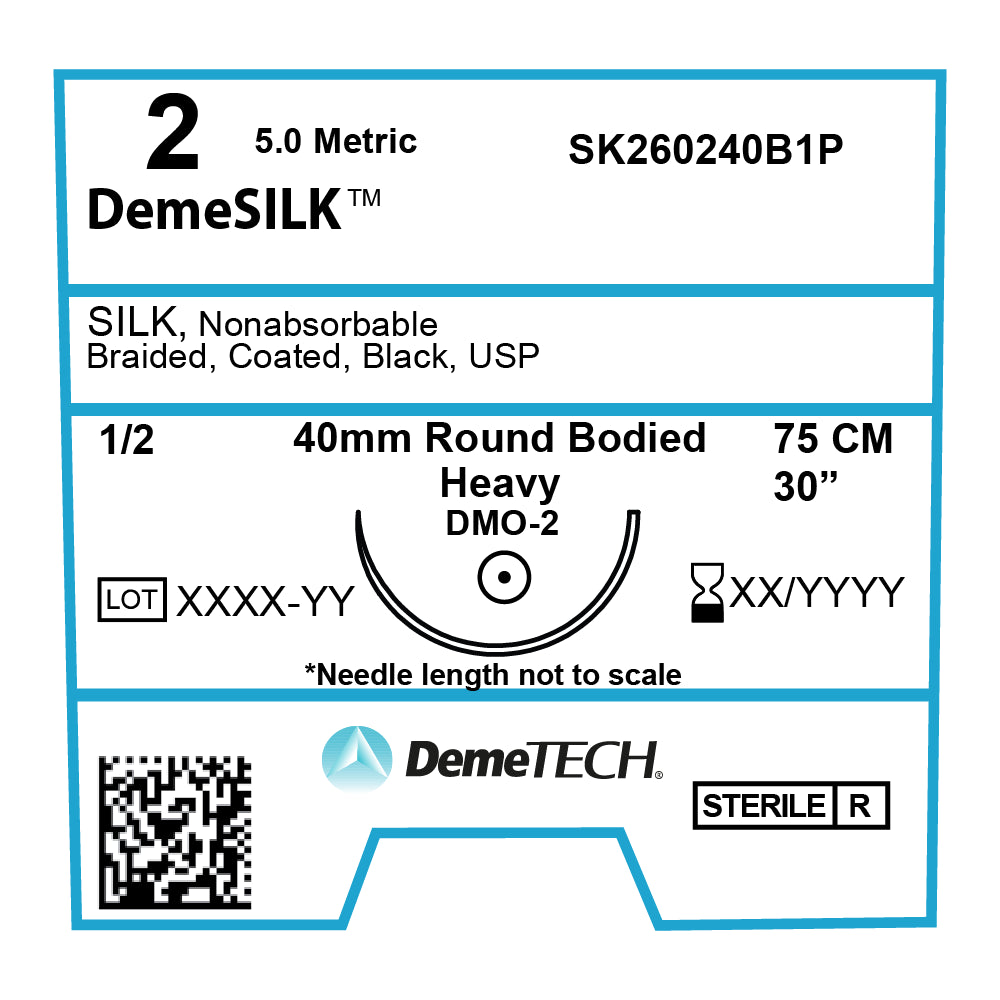 DemeSILK, Silk Suture, Synthetic Non-absorbable, DMO-2, 40mm, 1/2 Circ – DemeTECH Store