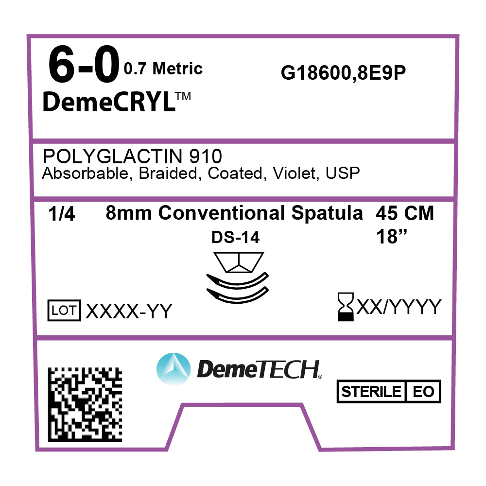 DemeCRYL, Polyglactin 910 Suture, Synthetic Absorbable, DS-14, 8mm, 1 ...