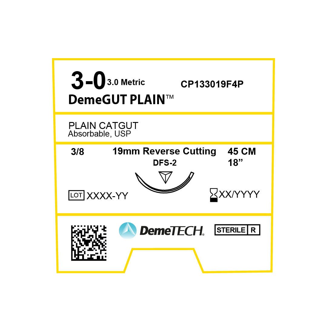 DemeGUT Plain, Plain Catgut Suture, Absorbable, DFS-2, 19mm, 3/8 Circl ...