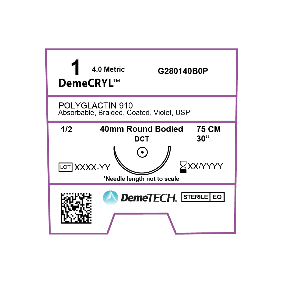 DemeCRYL, Polyglactin 910 Suture, Synthetic Absorbable, DCT, 40mm, 1/2 – DemeTECH Store