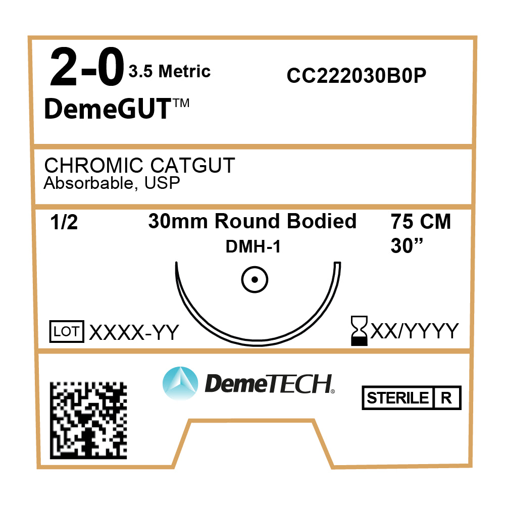 DemeGUT, Chromic Catgut Suture, Absorbable, DMH-1, 30mm, 1/2 Circle, R ...