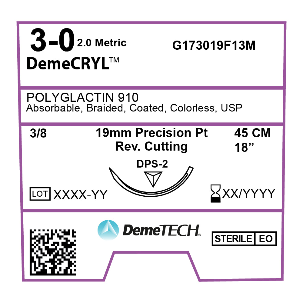 DemeCRYL, Polyglactin 910 Suture, Synthetic Absorbable, DPS-2, 19mm, 3 ...