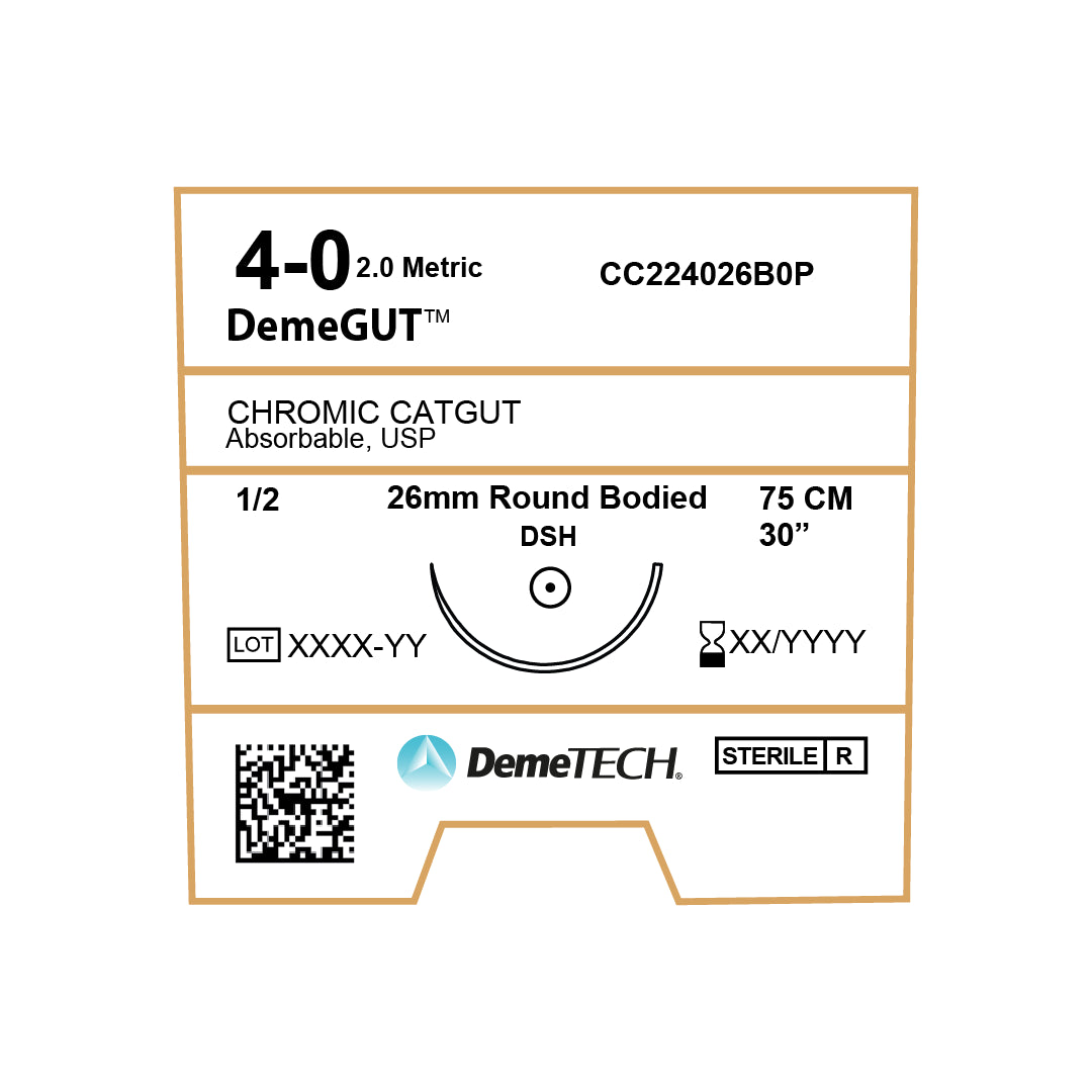 DemeGUT, Chromic Catgut Suture, Absorbable, DSH, 26mm, 1/2 Circle, Rou ...