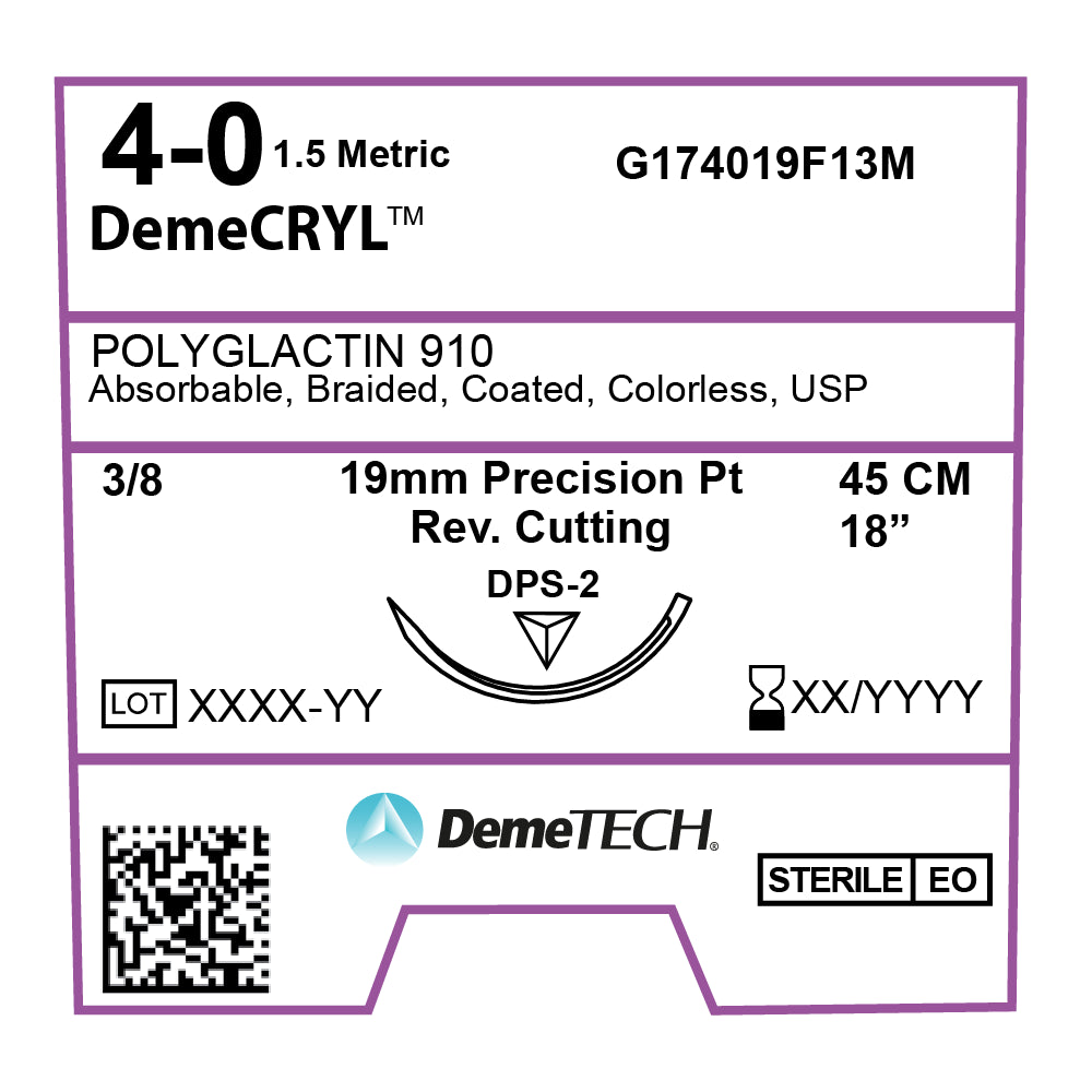 DemeCRYL, Polyglactin 910 Suture, Synthetic Absorbable, DPS-2, 19mm, 3 ...