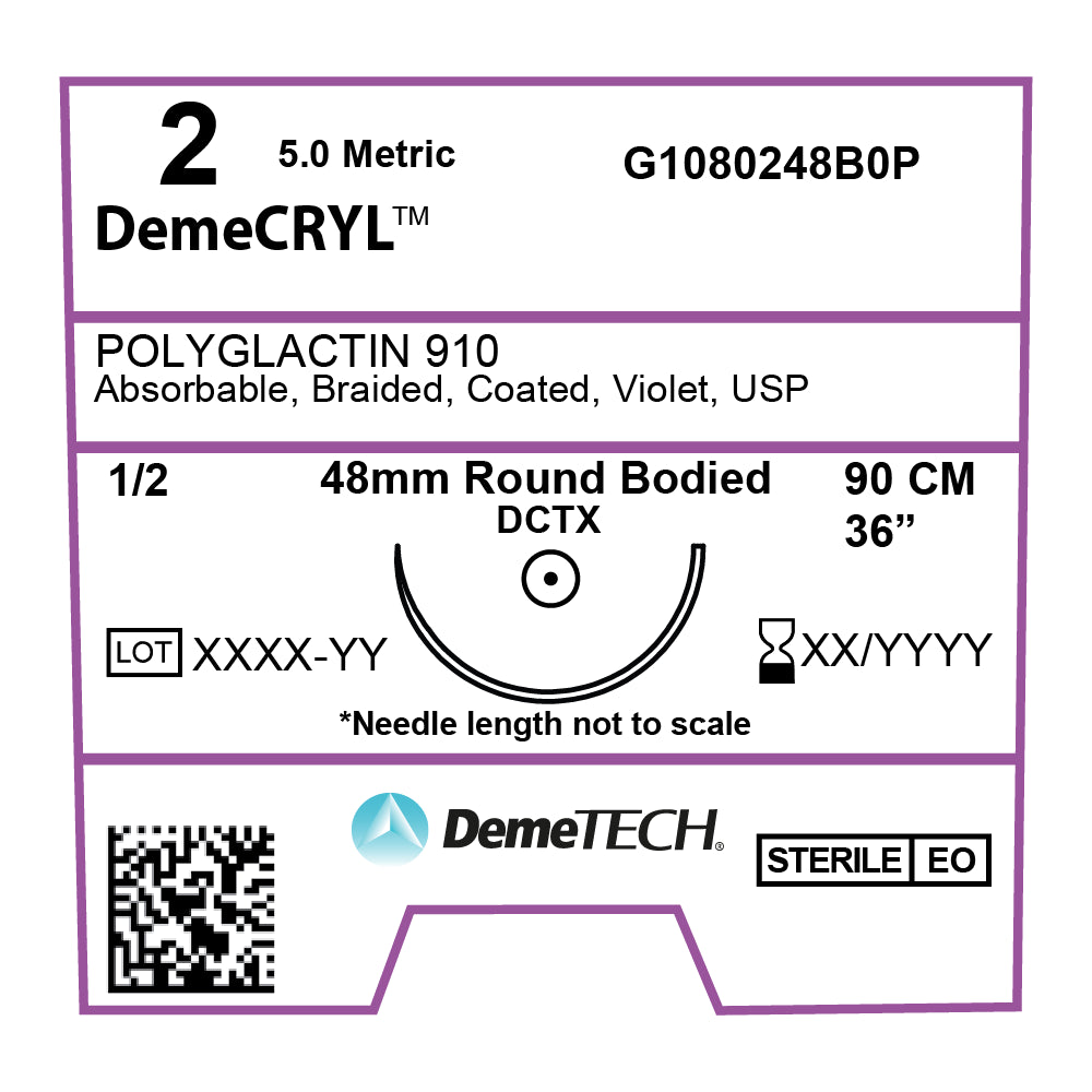 DemeCRYL, Polyglactin 910 Suture, Synthetic Absorbable, DCTX, 48mm, 1 ...