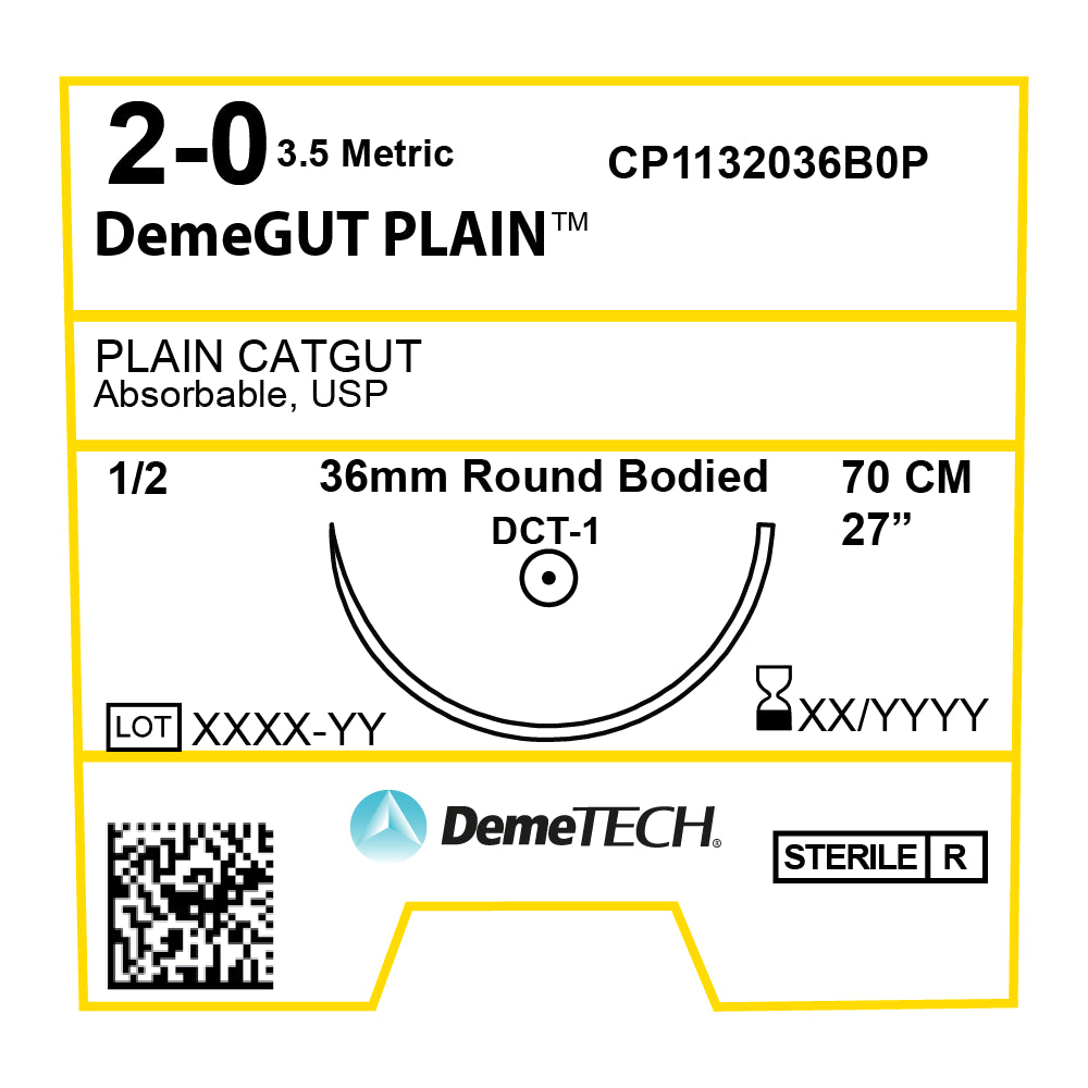 DemeGUT PLAIN, Plain Catgut Suture, Absorbable, DCT-1, 36mm, 1/2 Circl ...