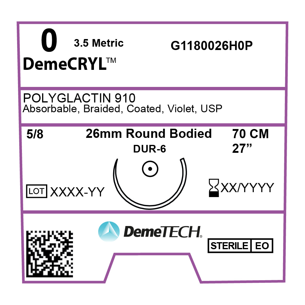 DemeCRYL, Polyglactin 910 Suture, Synthetic Absorbable, DUR-6, 26mm, 5 ...