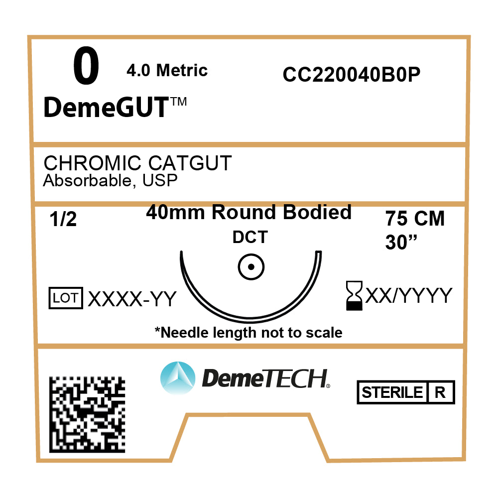 DemeGUT, Chromic Catgut Suture, Absorbable, DCT, 40mm, 1/2 Circle, Rou ...