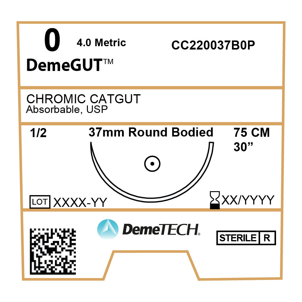DemeGUT, Chromic Catgut Suture, Absorbable, , 37mm, 1/2 Circle, Round ...